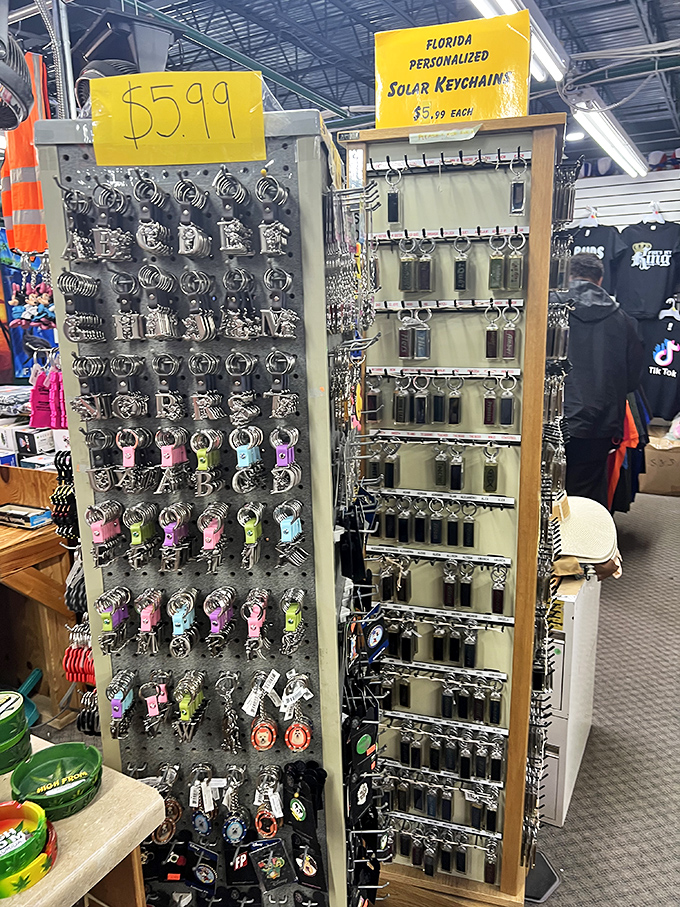 Keychain collectors, your Everest awaits! Personalized Florida souvenirs dangle in neat rows, ready to commemorate your flea market adventure for just $5.99.