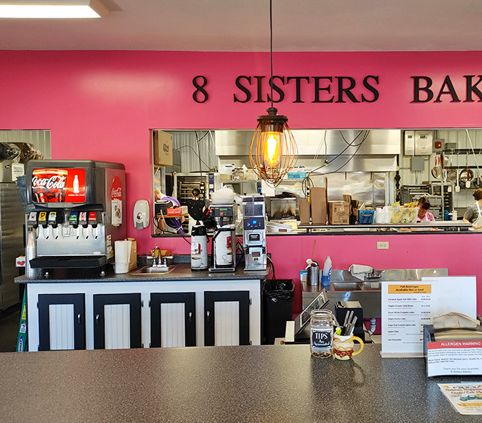 Behind the pink walls and pendant lights, 8 Sisters' kitchen is where the magic happens. The soda machine is just a bonus to the real stars&mdash;the baked goods.