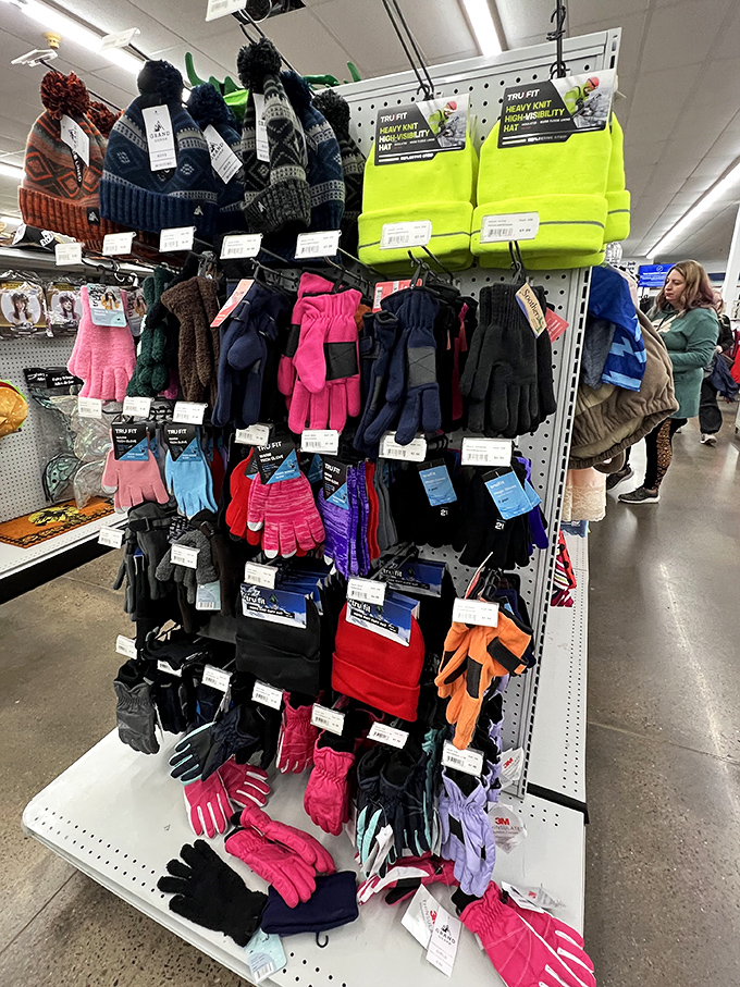 Winter essentials hang ready for Wisconsin's notorious cold snaps. Those colorful gloves could save your fingers during the next polar vortex adventure.
