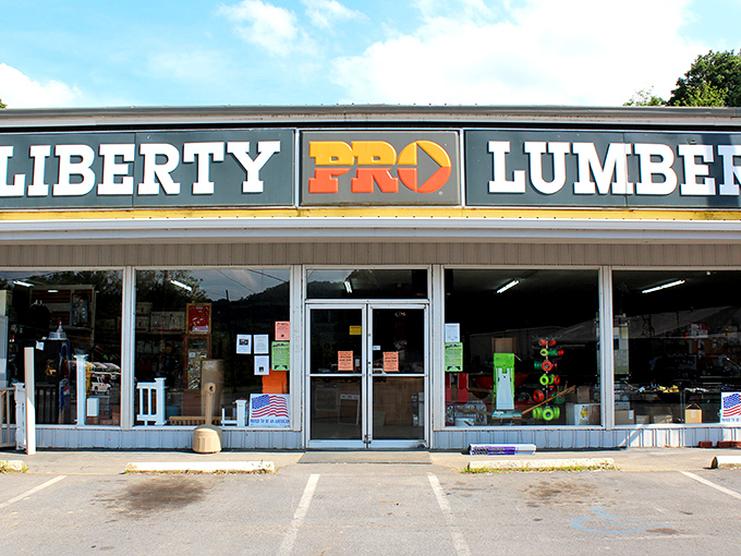 Hardware stores are the heartbeat of small towns, and Liberty Lumber's no-nonsense facade promises everything you need for that weekend project you've been putting off.