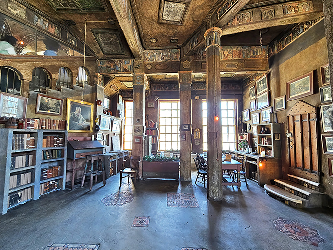 Books and art coexist in perfect harmony in this library, where knowledge climbs the walls and creativity seeps from every surface. 