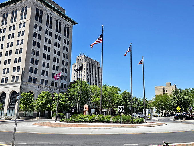 Lima's town square roundabout, surrounded by historic buildings, serves as the perfect starting point for budget-friendly downtown adventures.