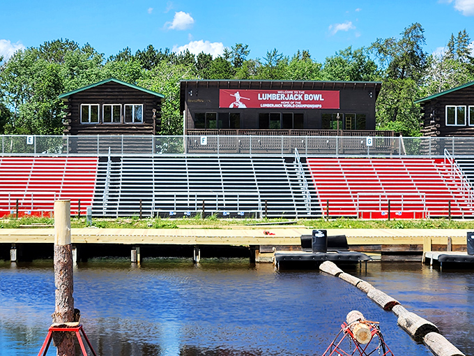 The Lumberjack Bowl stands ready for Hayward's famous timber sports competitions, where athletes perform feats of strength on land and water.