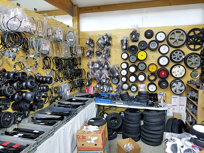 A wall of wheels and parts that would make any DIY enthusiast feel like a kid in a particularly practical candy store.