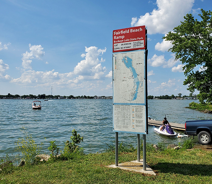 Adventure starts here: This unassuming sign marks the gateway to Buckeye Lake's aquatic playground, where Ohio summers come alive.