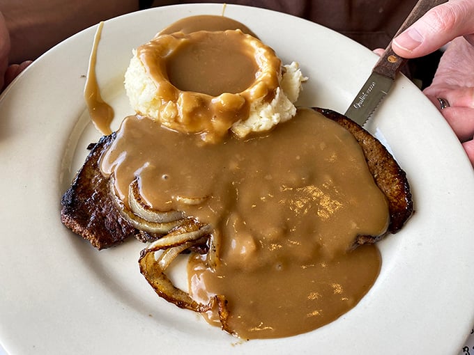 That volcano of mashed potatoes erupting with gravy might be the most beautiful sight in Ohio. The meatloaf underneath isn't too shabby either.