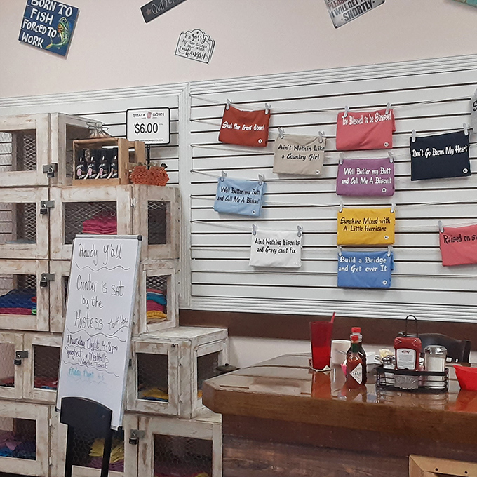 Whimsical signs and country-cute merchandise line the walls &ndash; each one speaking the universal language of "calories don't count on vacation."