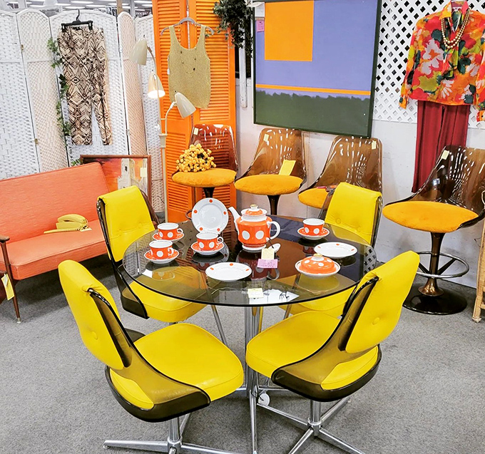 The atomic age lives on in this mid-century modern dining set. Those yellow chairs have hosted everything from TV dinners to cocktail parties since the Kennedy administration.