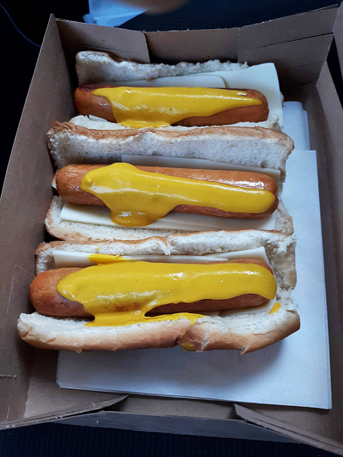 Mustard cascading like yellow lava over perfectly grilled dogs. Simple? Yes. Ordinary? Never in a million bites.