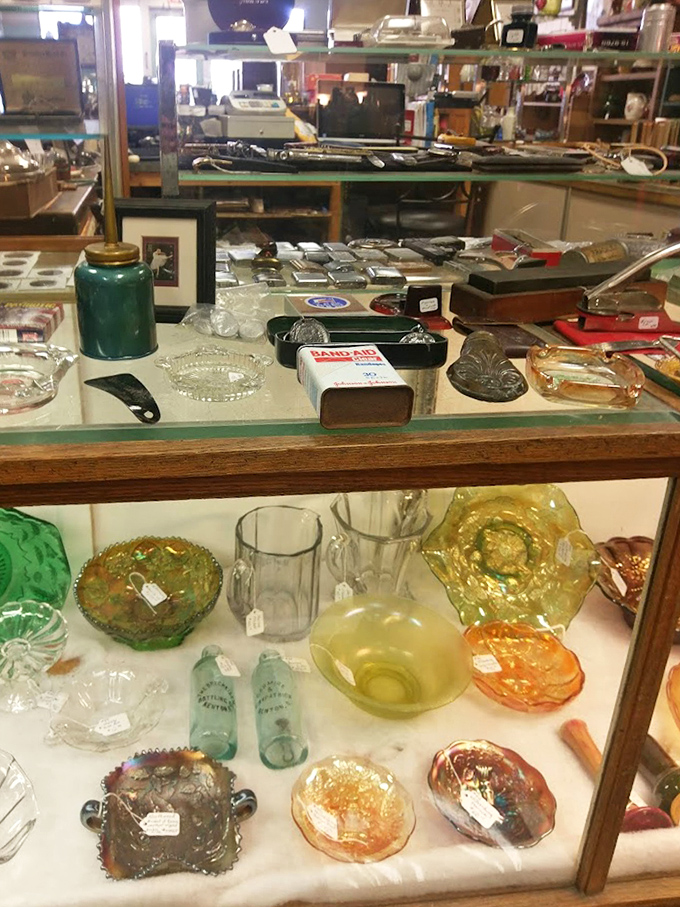 Behind glass, everyday objects transform into treasures—vintage Band-Aid tins and carnival glass bowls becoming time capsules of American life.