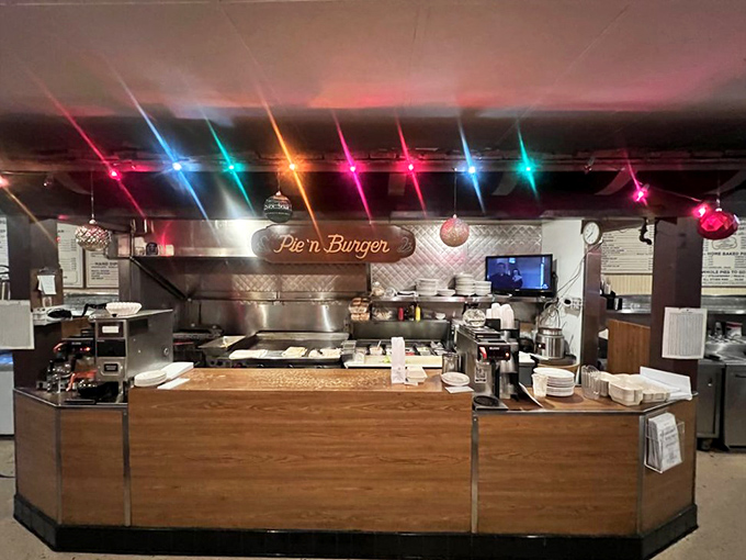 Holiday lights add a festive touch to the grill area, but the real celebration happens when that perfectly cooked burger lands on your plate.