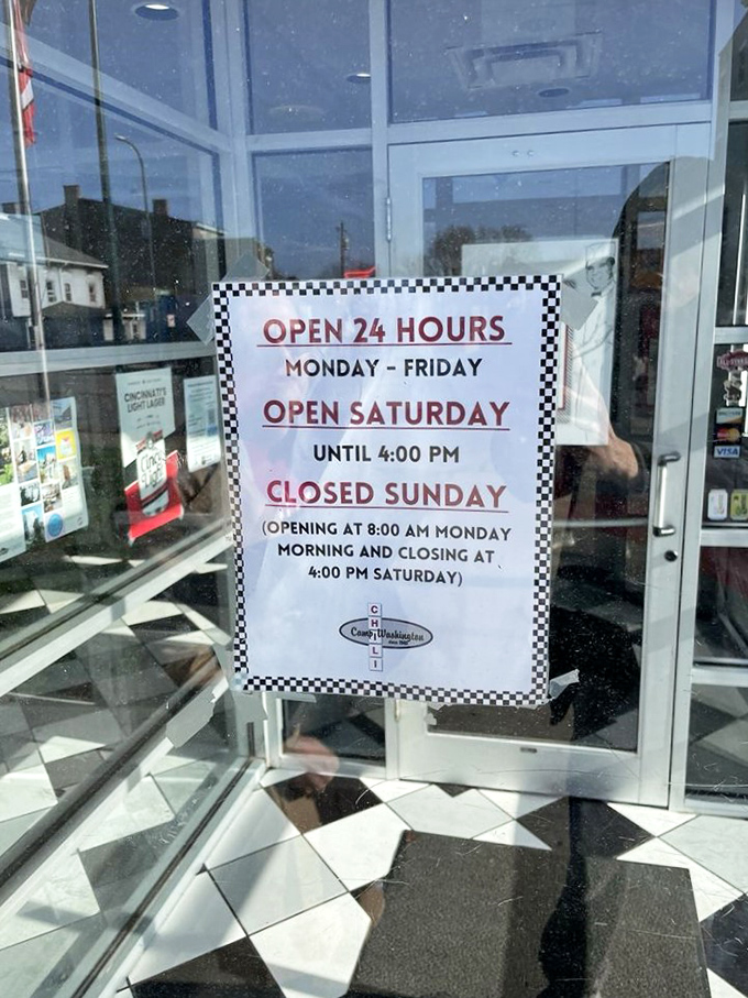 The hours sign tells you everything you need to know: this chili paradise keeps the lights on when most kitchens have called it quits.