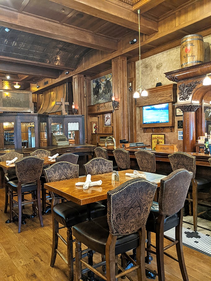 The dining area's rich wood and upholstered chairs invite you to settle in for the long haul &ndash; because great steaks deserve unhurried appreciation.