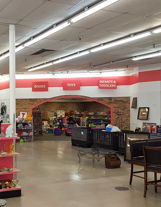 The toy section: where childhood memories are recycled and new adventures begin under the brick archway.