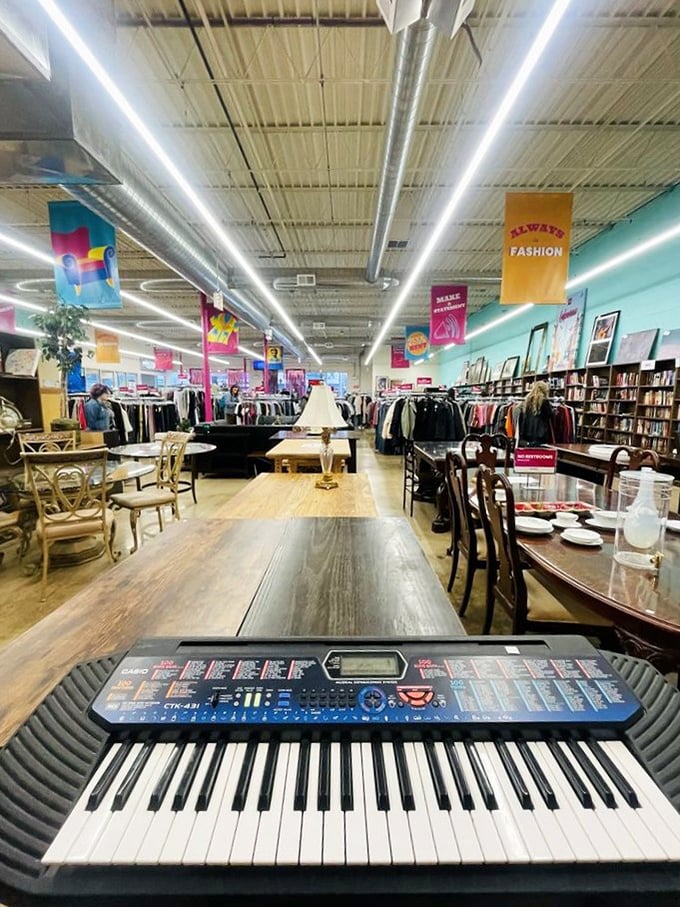Where else can you find dining sets, vintage keyboards, and possibly your next conversation starter all under one well-lit roof?