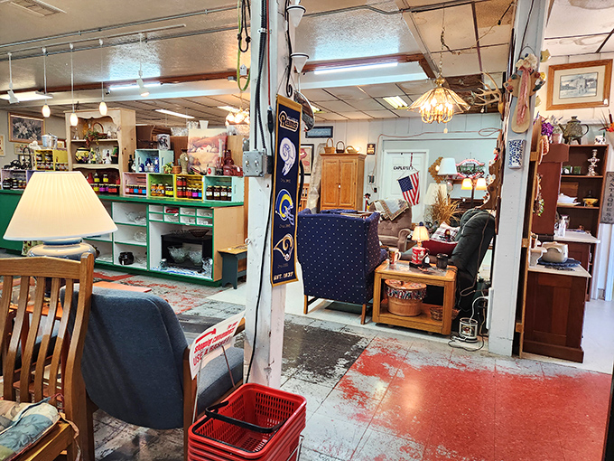 Sports memorabilia meets vintage furniture in this corner where Rams fans and antique enthusiasts find common ground.