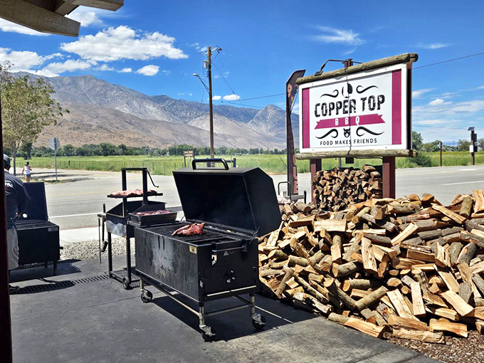 Where the magic begins &ndash; these unassuming grills and smokers work overtime against the backdrop of Sierra peaks, transforming wood and meat into memories.