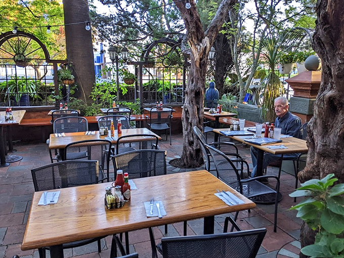 The garden patio offers dappled shade and natural beauty&mdash;an urban oasis where trees grow through the dining space and Sacramento's weather shines.
