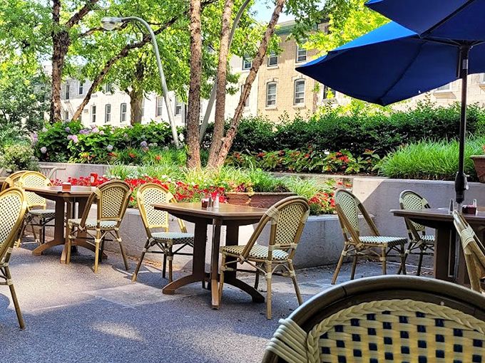 The outdoor patio offers urban tranquility&mdash;a perfect setting for people-watching while debating whether to order dessert. (Hint: always yes)