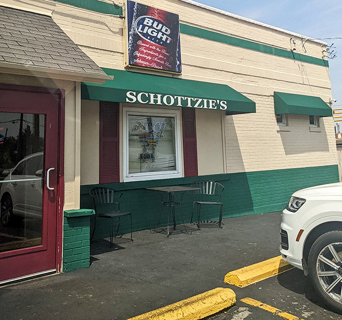 The modest outdoor seating area offers fresh air enthusiasts a place to enjoy their brain sandwich while contemplating life's great mysteries.