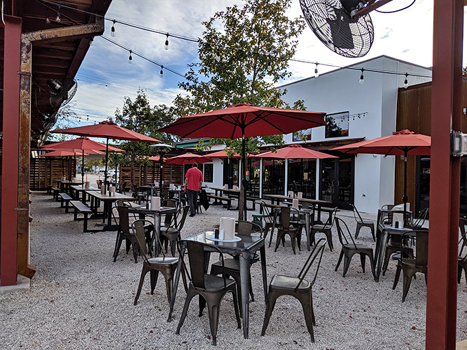 The outdoor seating area offers a more relaxed vibe, where the only serious business is deciding which burger to try next.