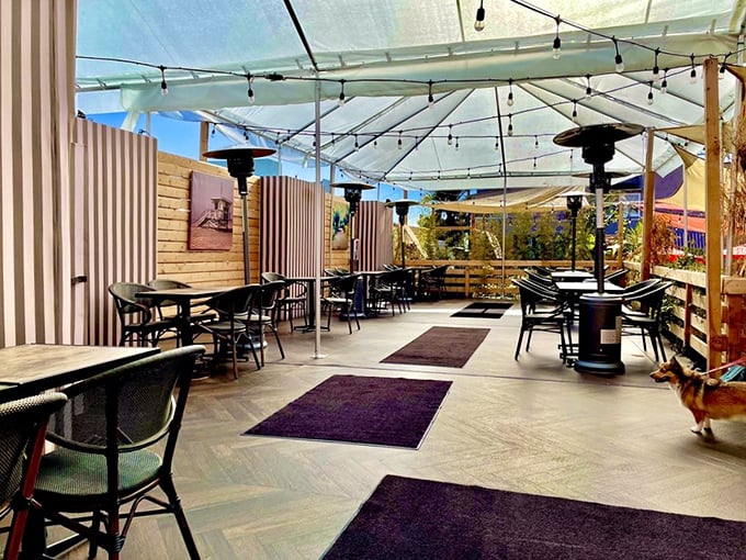 The covered patio offers al fresco dining without the sunburn – California casual meets practical perfection.
