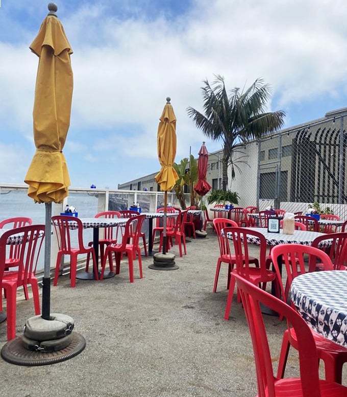 Red chairs under blue sky - outdoor dining that proves California weather conspiracies are absolutely true.