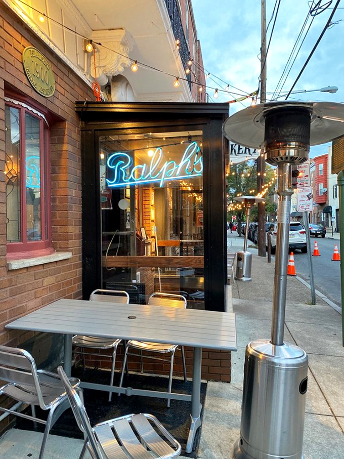 Sidewalk dining under the glow of string lights. On warm Philadelphia evenings, the South 9th Street ambiance adds extra flavor to every bite.