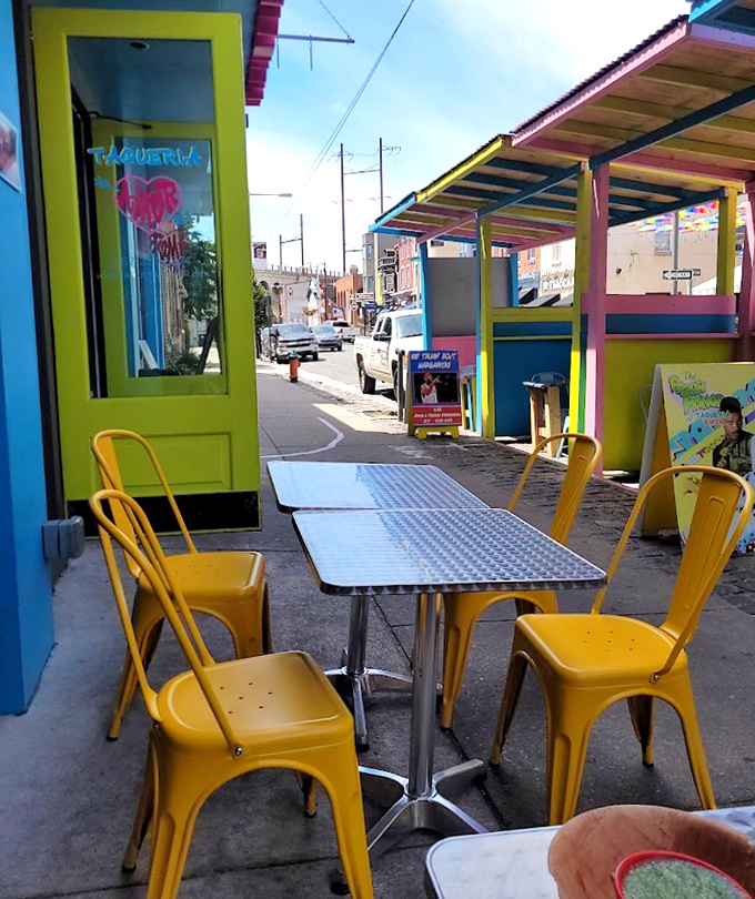 Outdoor seating lets you people-watch while taco-munching, those yellow chairs bright as Philadelphia sunshine (when it appears).