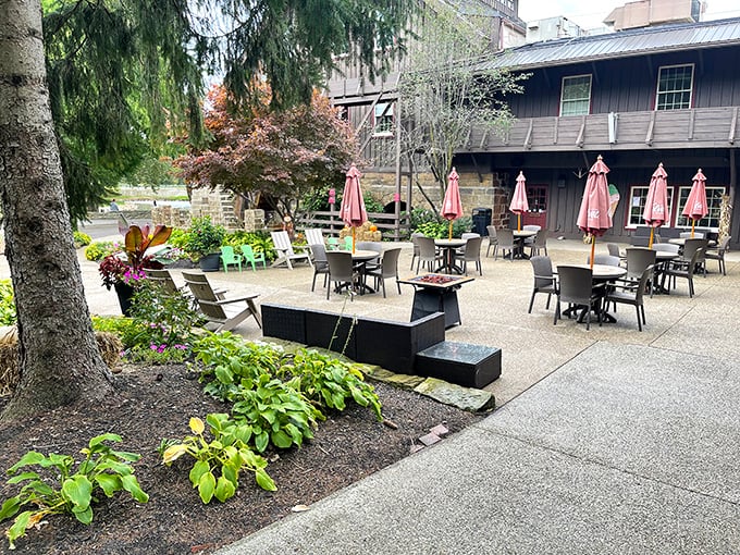 The outdoor patio invites you to enjoy your frozen treasures al fresco, surrounded by gardens that frame this historic mill.
