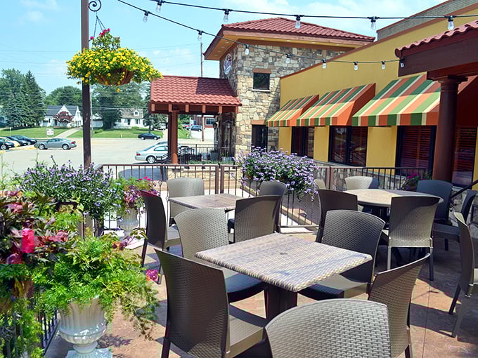 The outdoor patio blooms with flowers and possibility&mdash;al fresco dining that makes you forget you're in Ohio and not overlooking the Amalfi Coast.
