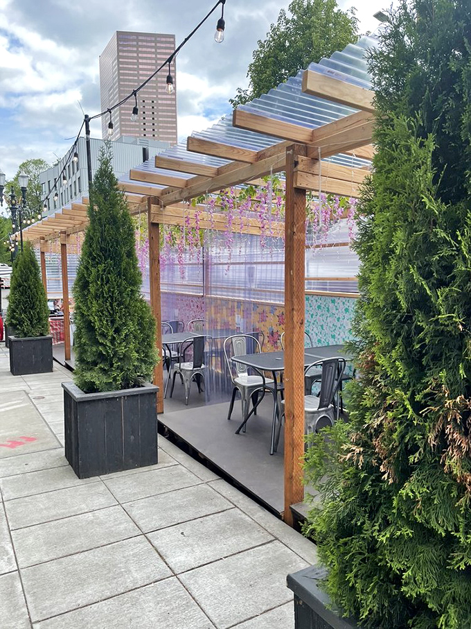 The covered patio strikes that perfect balance between indoor comfort and outdoor freshness&mdash;ideal for Portland's famously "flexible" weather patterns.