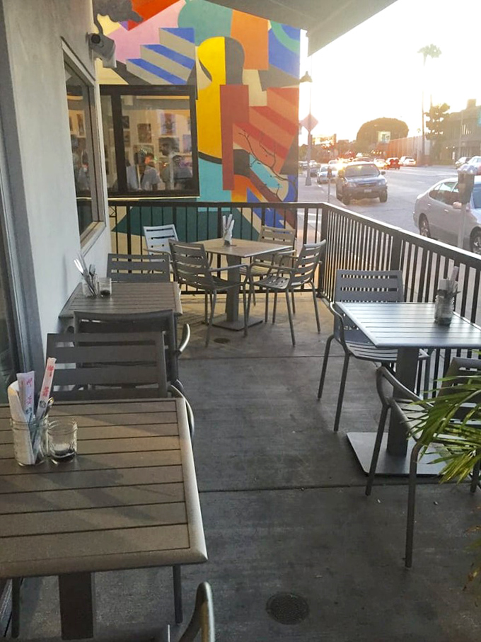 The patio offers front-row seats to California sunsets – because great fish and chips taste even better with a side of golden hour.