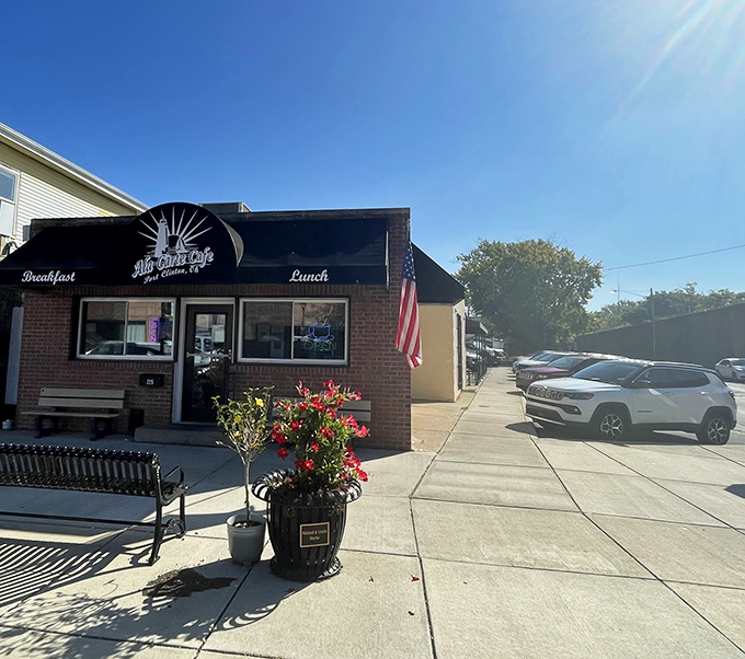 Sunshine, sidewalk seating, and an American flag&mdash;the caf&eacute;'s exterior is as unpretentious and welcoming as its menu.