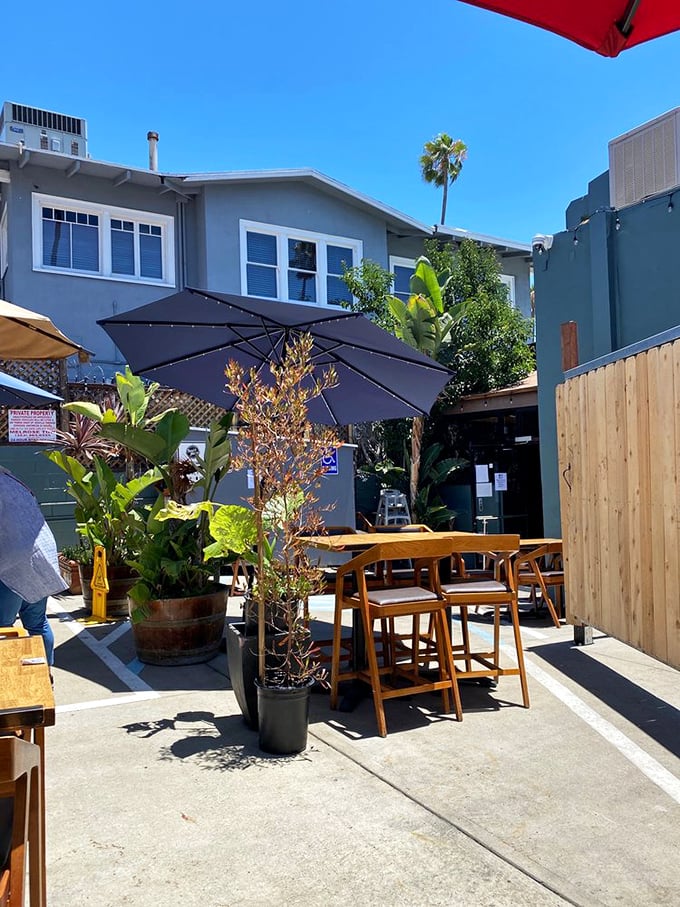 The outdoor seating area offers a sun-drenched escape, where palm trees and potted plants create a mini-oasis in the heart of LA.