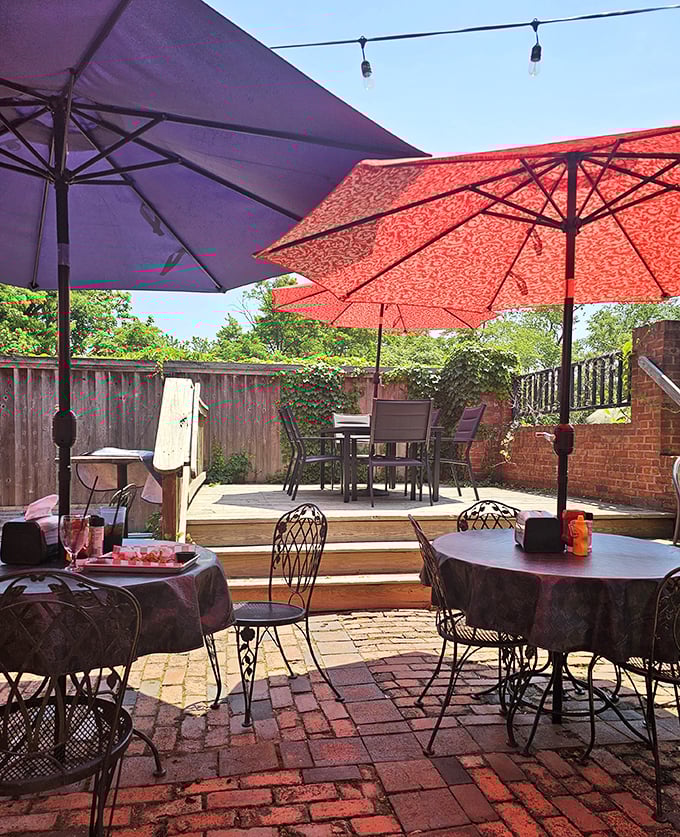The brick patio offers al fresco dining under colorful umbrellas – Ohio summers were made for evenings like this.