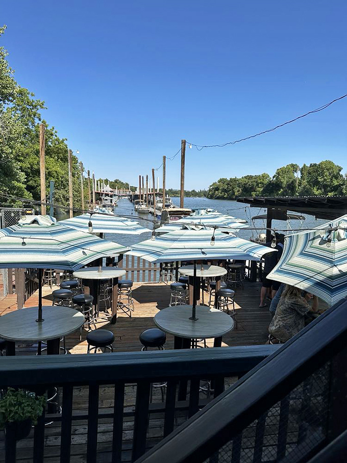 The outdoor deck isn't just seating&mdash;it's prime Sacramento real estate where umbrellas create the perfect microclimate for afternoon cocktails.