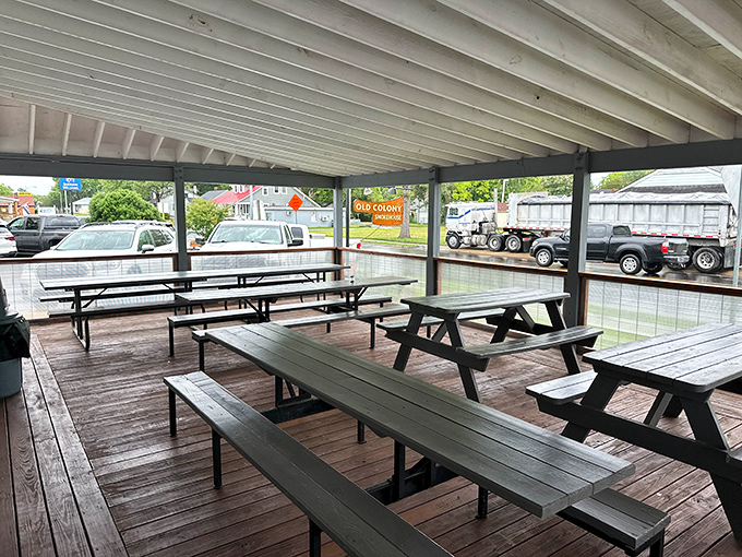 Covered outdoor seating extends the dining experience into fresh air, perfect for savoring barbecue under Carolina skies.