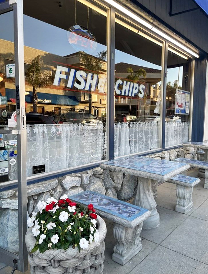 Stone tables outside offer the perfect spot for enjoying your feast while soaking up California sunshine.