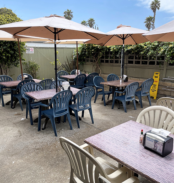 Outdoor seating where you can enjoy ocean-fresh delights under the California sun – nature's perfect dining companion.