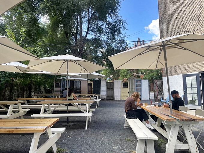 The outdoor seating area provides an urban oasis where pie consumption can happen in the company of gentle breezes and dappled sunlight.