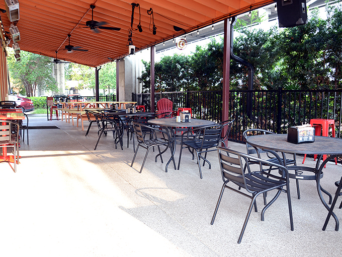 Outdoor seating protected from the elements offers the perfect compromise between "enjoying nature" and "not sweating through your shirt."