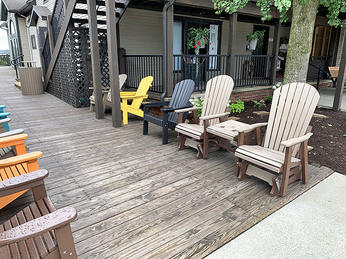 Adirondack chairs that invite you to sit a spell, digest that slice of pie, and watch small-town America unfold before your eyes.