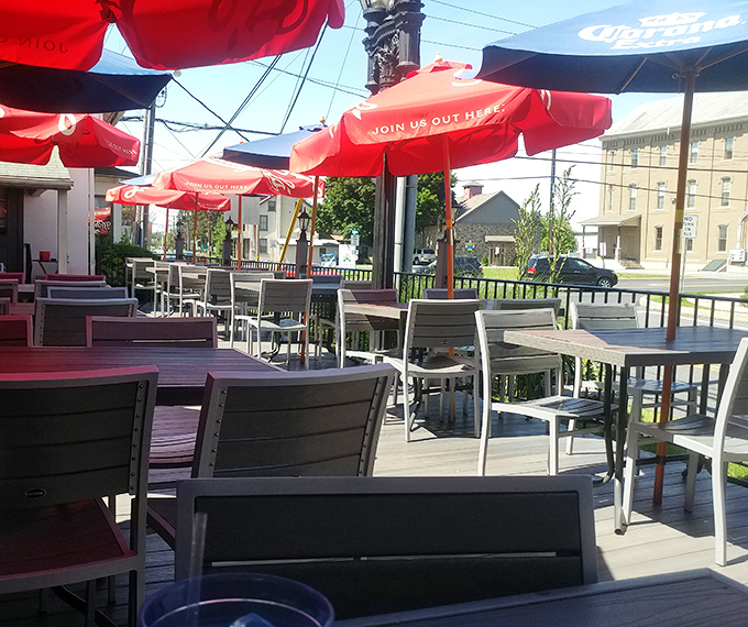 Red umbrellas create islands of shade on the outdoor patio &ndash; Pennsylvania's answer to European caf&eacute; culture, with better portion sizes.