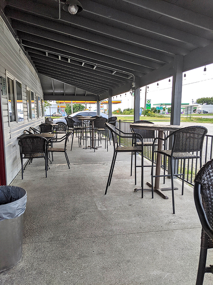 The covered patio offers al fresco dining with a side of people-watching. Those high-top tables are perfect for lingering over a second round.