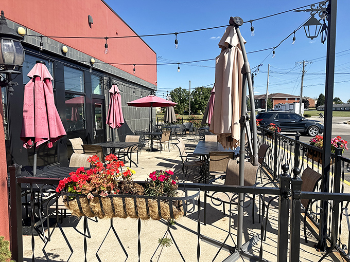The outdoor patio blooms with colorful flowers, creating a cheerful oasis for enjoying Mexican favorites under Ohio skies.