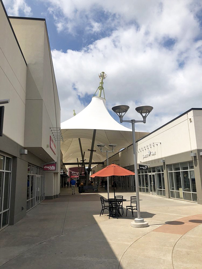 Shaded outdoor seating areas offer a moment of respite when your shopping bags outnumber your arms.