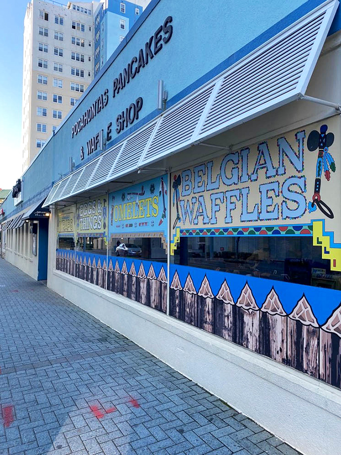 The exterior proudly announces its breakfast specialties&mdash;Belgian waffles and omelets that have been drawing crowds to this oceanfront spot for generations.