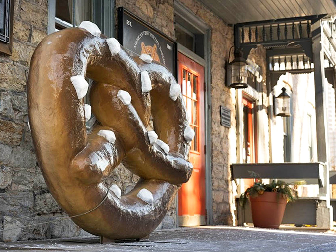 The giant pretzel sculpture outside might be bronze, but it still somehow manages to make your stomach growl. Art that speaks to your appetite!