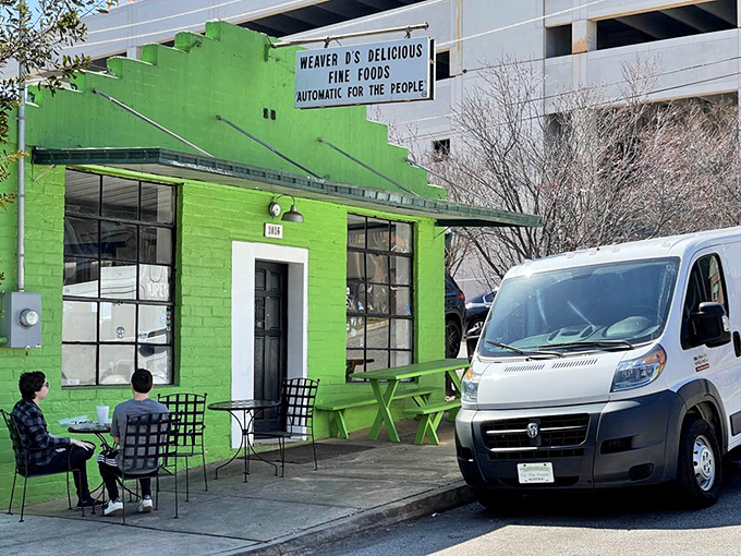 Even the outdoor seating carries that signature green. On nice days, the sidewalk becomes an extension of this Athens institution.